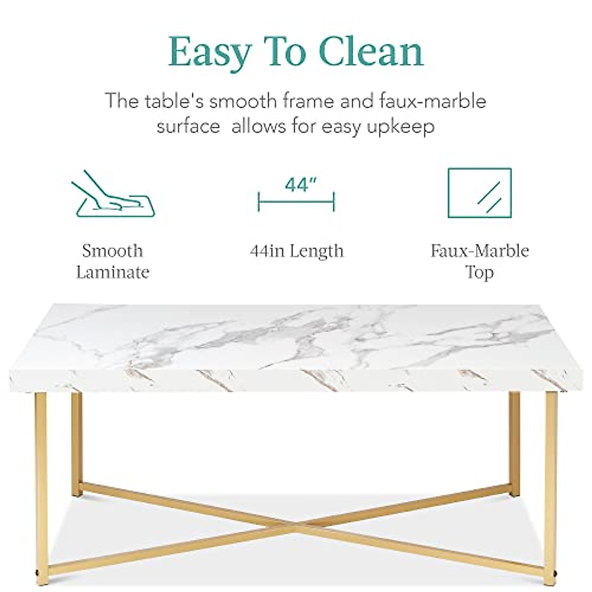 Best Choice Products 44in Rectangular Marble Coffee Table, X-Base Accent Table for Living Room, Dining Room, Home Décor w/Faux Marble Top - White/Bronze Gold