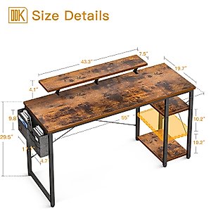 ODK Computer Desk with Shelves, 55" Home Office Desk with Monitor Shelf, 2 Tiers Shelves Study Writing Table, Modern Simple Style PC Desk, Stable Workstation, Printer Space, Easy to Assemble, Teak