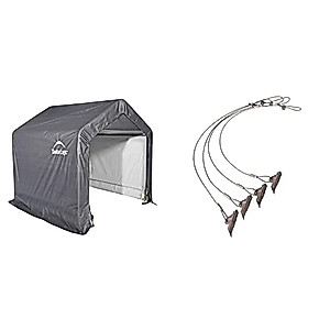 ShelterLogic 6' x 6' Shed-in-a-Box All Season Steel Metal Frame Peak Roof Outdoor Storage Shed, Grey & ShelterLogic 4-Piece Easy Hook Anchor Kit with 4 Cable Clamps and Driving Rod, 30-Inch