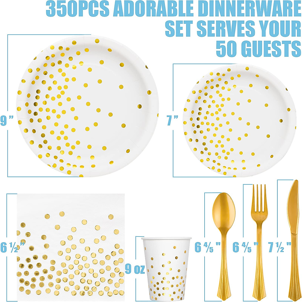 White and Gold Party Supplies, 350PCS Disposable Dinnerware Set w/White Paper Plates Napkin Cups Plastic Forks Knives Spoon for Women Men Birthday Easter Retirement Engagement Graduation Decorations