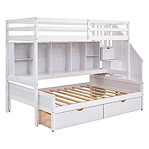DEYOBED Twin Over Full Wooden Bunk Bed with Storage Shelves Drawers and Staircase for Kids Teens Adults