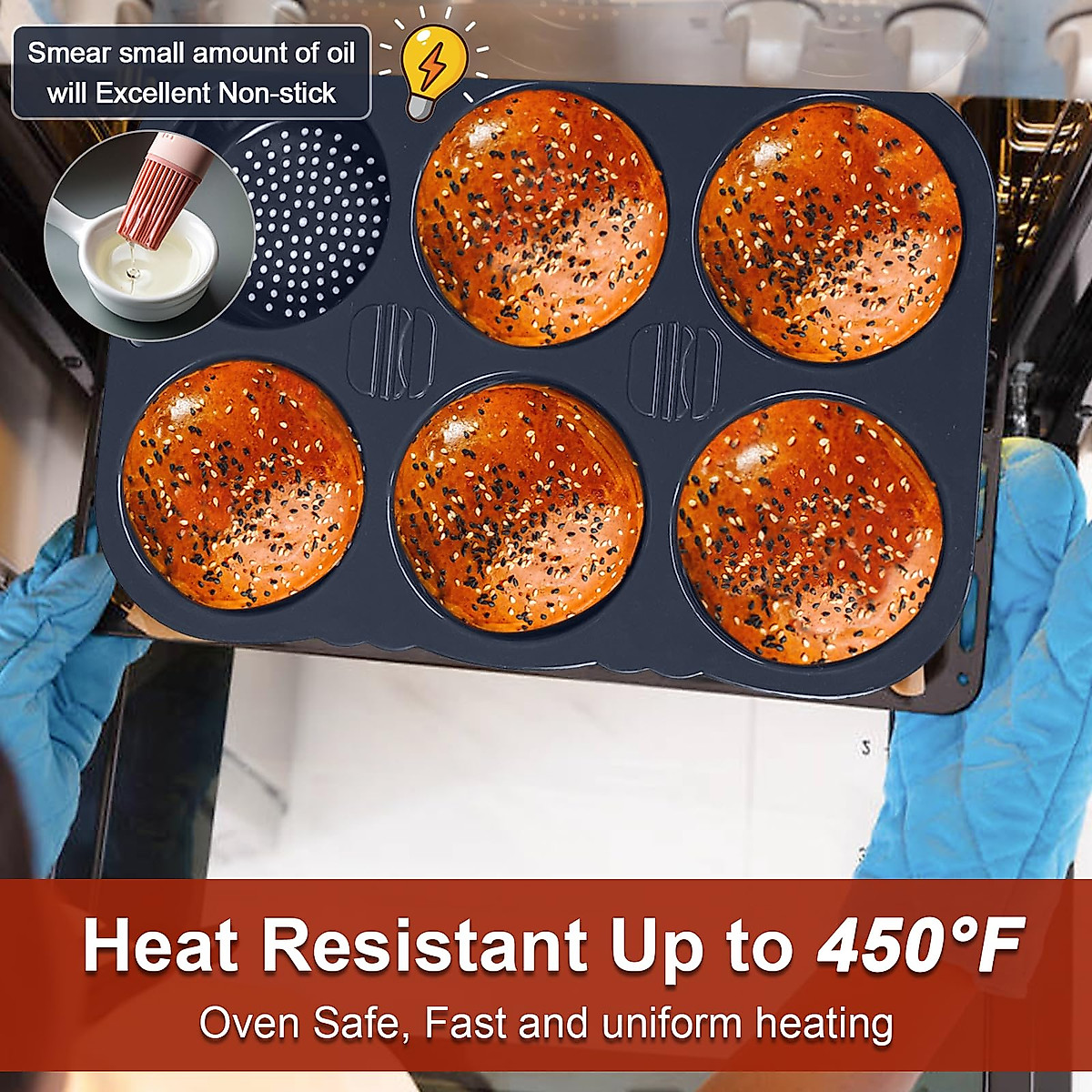 GDDGCUO Hamburger Bun Pan, 4 Inch Silicone Hamburger Bun Mold, 6 Cup Big Baking Pan for Homemade Hamburger Buns, Dishwasher Safe