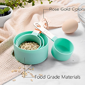 Rose Gold Stainless Steel Handle Measuring Cups and Spoons Set, 8 Piece Stackable Accurate Tablespoon for Measuring Dry and Liquid Ingredients Small Teaspoon with Plastic Head (Pink)