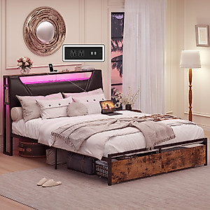 IRONCK Queen Bed Frame with Drawers, Ergonomic Storage Headboard with Charging Station, LED Light, Solid and Stable, No Box Spring Needed