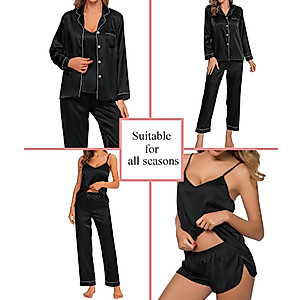 SWOMOG Pj Satin Long Sleeve Set 4pcs Womens Pajamas Silk Sleepwear Button Down Nightwear Sexy Cami Shorts Loungewear