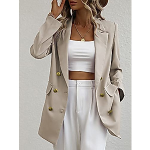 Lueluoye Women's Casual Blazers Long Sleeve Open Front Gold Button Work Office Blazer Jackets with Pockets Khaki M