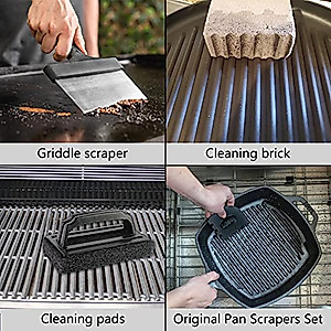 Griddle Cleaning Kit 8 Pcs, Grill Accessories Cleaner Tool Set-1 Stainless Steel 6" Scraper, 2 Scouring Pads,1 Scouring Pads with Handle, 2 Cleaning Bricks, 1 Pan Scraper