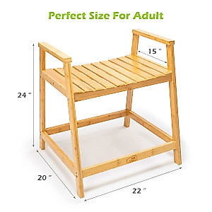 OasisCraft Bamboo Shower Bench, 22" Shower Chair with Free Soap Dish, Waterproof Wood Spa Bath Seat with Arms Wooden Bathroom Stool Shower Seat for Indoor Outdoor