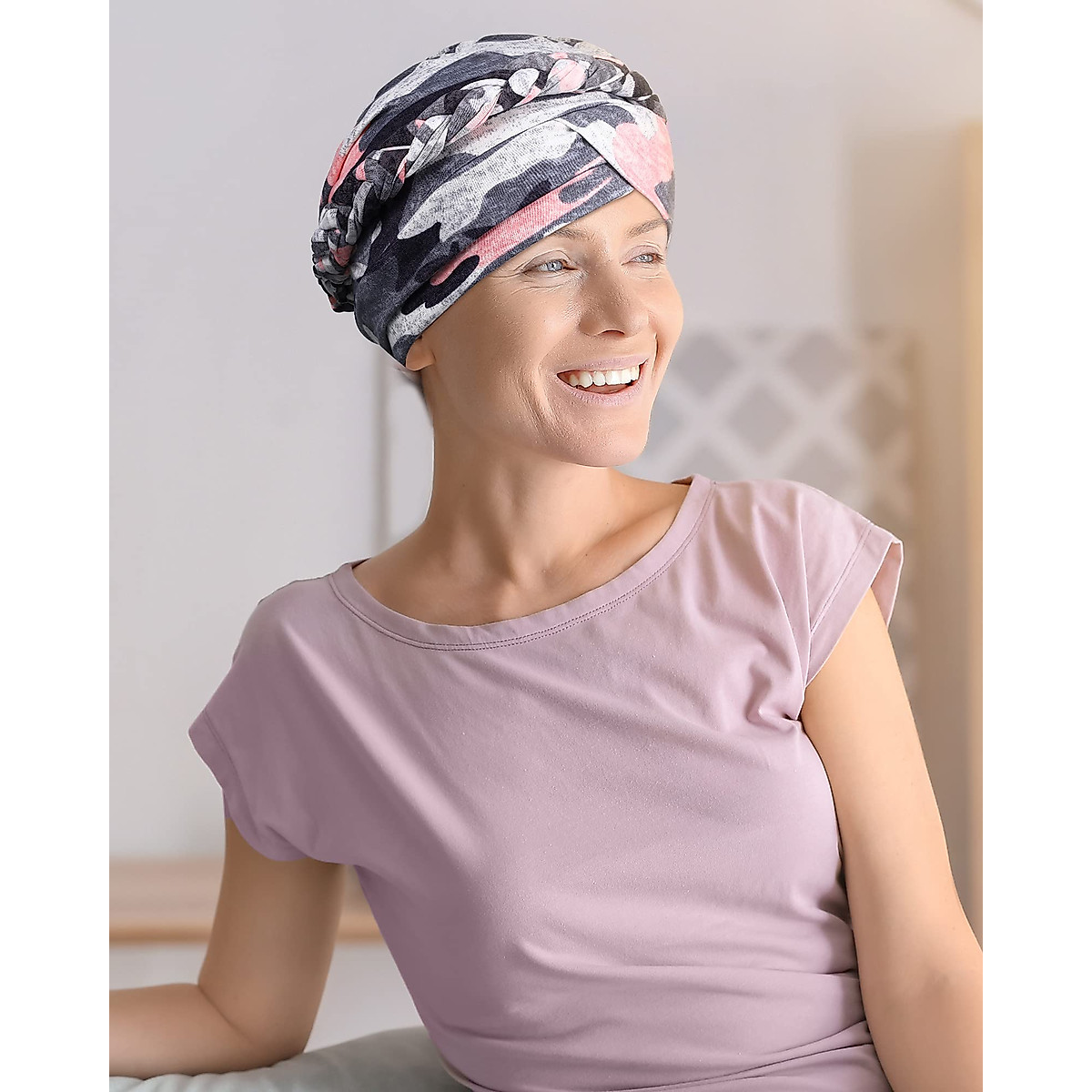 SATINIOR 4 Pieces African Women Turban Cap Head Wraps Beaded Headscarf Beanie Wrap (Camouflage Color,Camouflage Style)