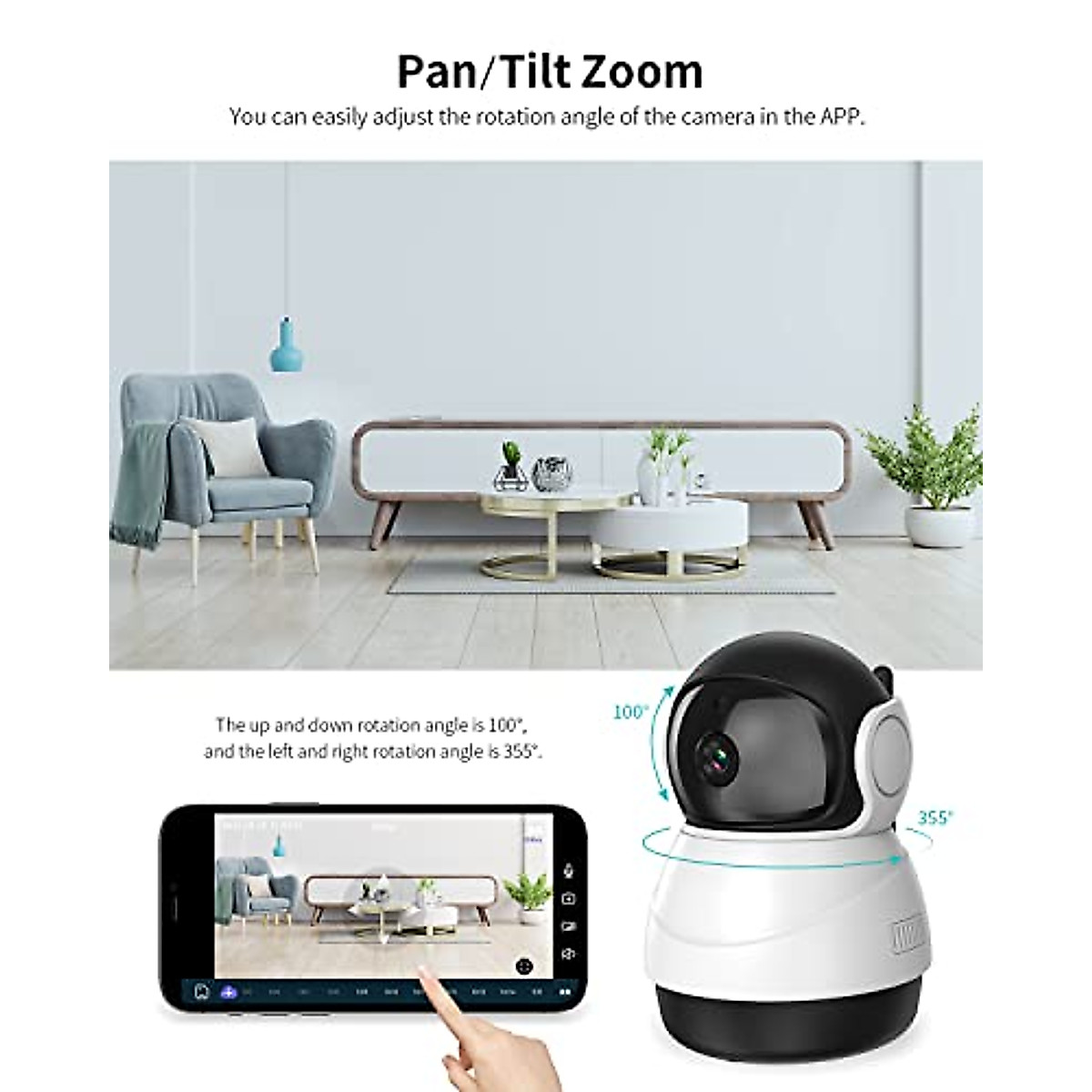 ZJX Pet Camera with Phone App, Indoor Home Security Camera for Pet, with AI Tracking, Night Vision, Compatible with Alexa, 2-Way Audio, White