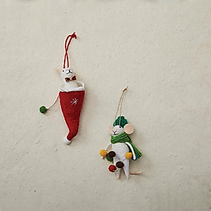 Creative Co-Op Wool Felt Mouse in Hat with Bowtie Ornament, Red, White and Green