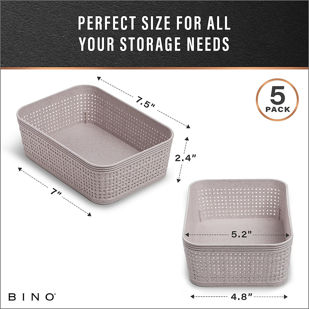 BINO | Woven Plastic Basket | XS (Natural Grey), 5-Pack | THE JUTE COLLECTION | Home Organization, Space - Saving Storage, Stylish Design | Jute Basket | Plastic Storage Basket