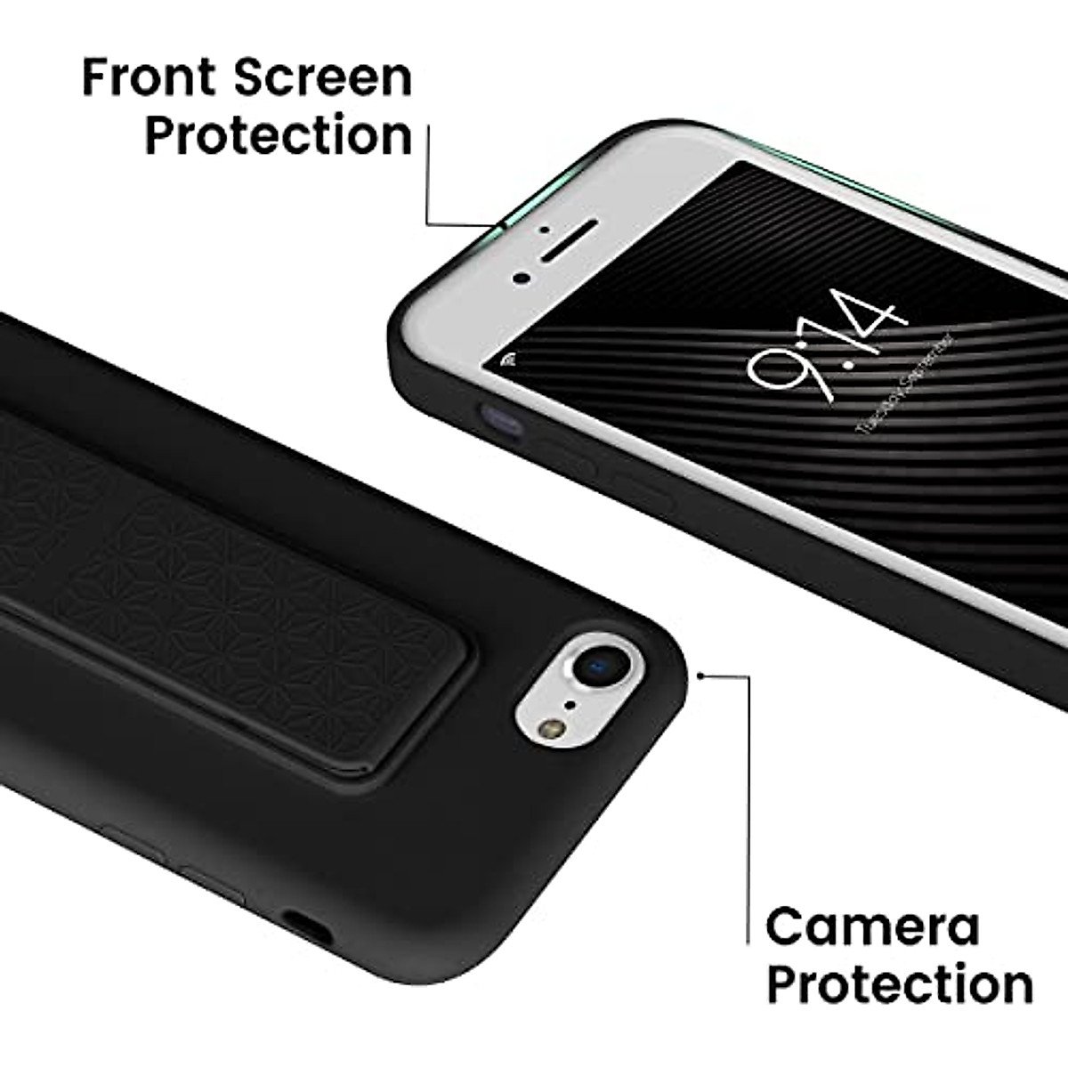 LAUDTEC Soft Silicone Kickstand Case Compatible with iPhone SE 2022/2020 Case,iPhone 8 case,iPhone 7 Case Vertical and Horizontal Stand Hand Strap Kickstand Case for iPhone SE /8/7(4.7")(Black)