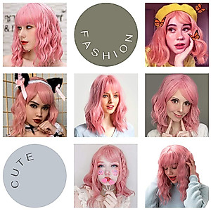morvally Short Pink Wavy Bob Wig with Bangs for Women 16 Inches Natural Synthetic Hair Wavy Wigs