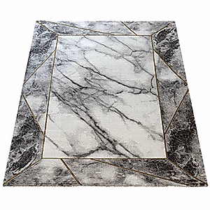 Living Room Rug Grey Gold 3-D Border Marble Pattern Robust, Size:5'3" x 7'7"