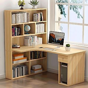 LAKIQ Modern L-Shaped Corner Desk with Bookshelf Engineered Wood Home Writing Desk with Hutch Rectangular Home Office Computer Desk with Storage Shelves(Light Walnut, 47.2" L x 23.6" W x 63" H)