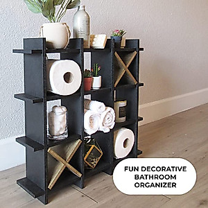 Large Black Tic Tac Toe Toilet Paper Holder Stand | Design Freestanding Bathroom Tissue Roll Storage Organizer | Wooden Bathroom Organizer | Over The Toilet Bathroom Storage Cabinet Wall Mounted