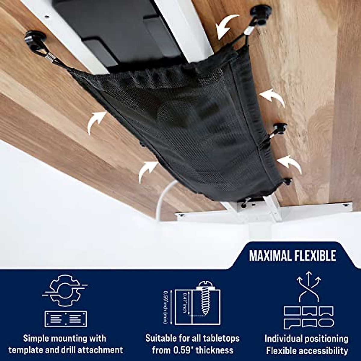 Cable management net - Under desk wire management - Flexible under desk cable management tray black