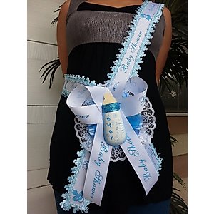 Welcome Baby Shower Mom To Be It's a Boy Sash Blue Bottle Ribbon and Corsage