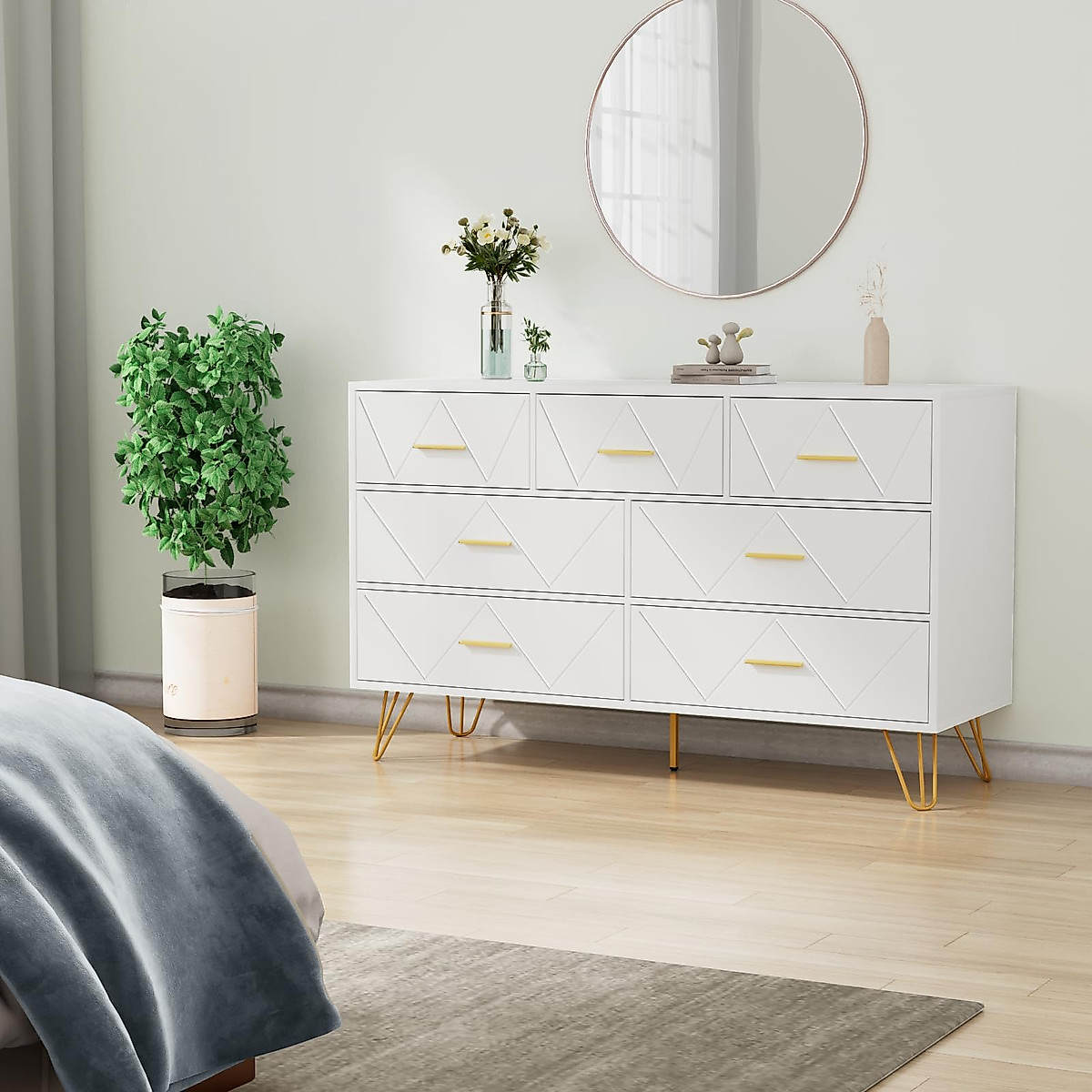 CARPETNAL White Dresser for Bedroom, 7 Drawer Dresser with Wide Drawers and Metal Handles, Wood Dressers & Chests of Drawers for Hallway, entryway.