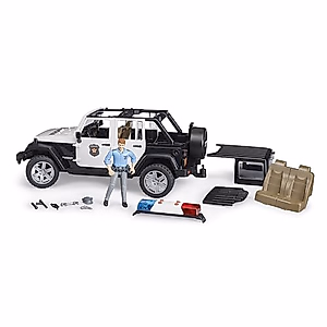 Bruder Toys - Emergency Realistic Jeep Wrangler Unlimited Rubicon Police Vehicle with Light Skintoned Policeman and Light and Sound Module with 4 Different Sounds - Ages 4+