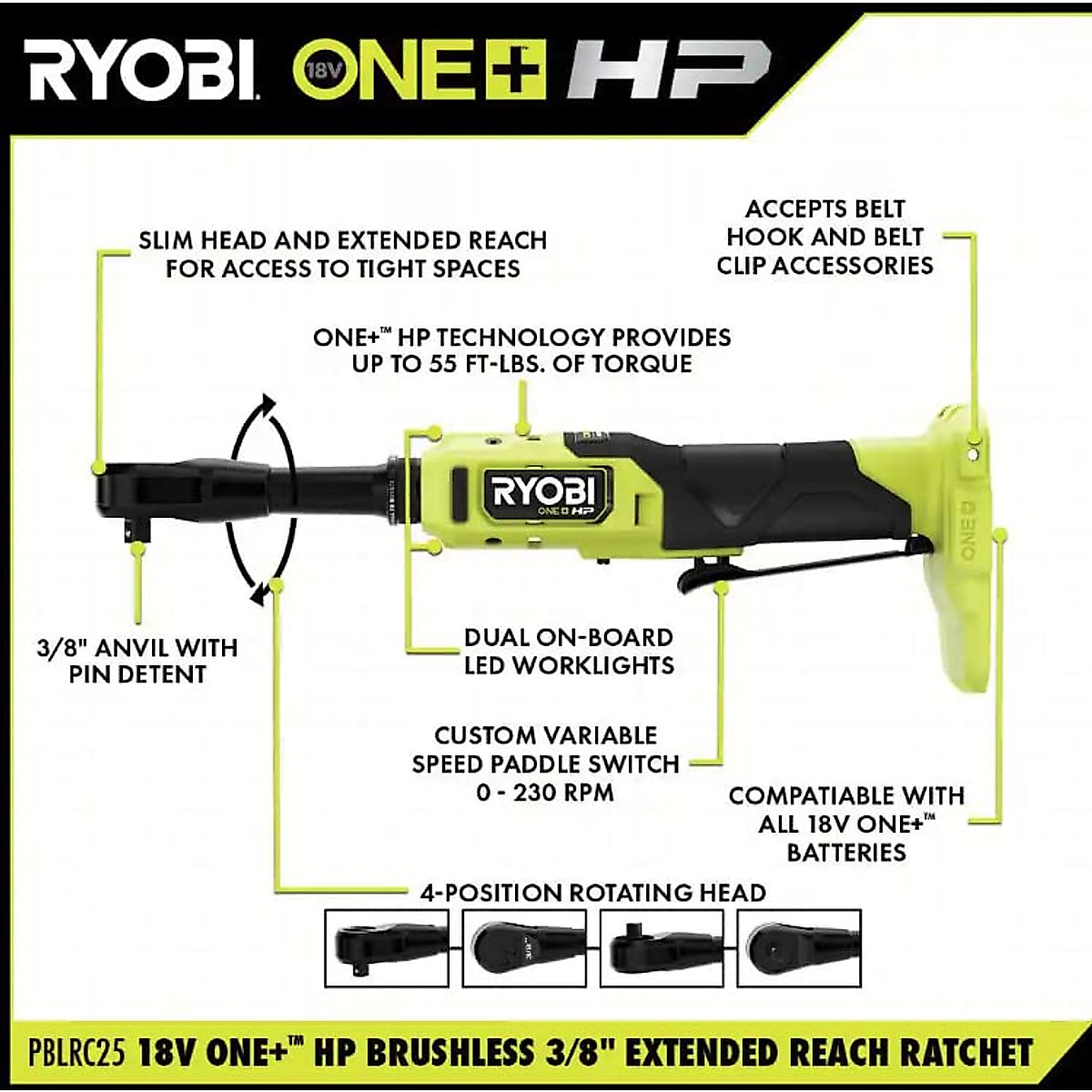RYOBI - ONE+ HP 18V Brushless Cordless 3/8 in. Extended Reach Ratchet (Tool Only) - PBLRC25B