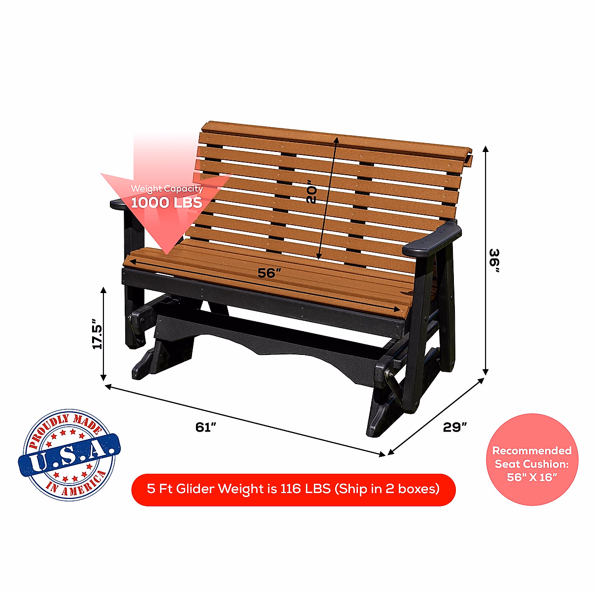 5FT Glider Amish Handmade in USA Poly Lumber wood Lancaster series Signature Roll Back Porch Glider Heavy Duty Everlasting PolyTuf HDPE with No wood fibers and 1000 lbs Limit,Stainless Steel hardware