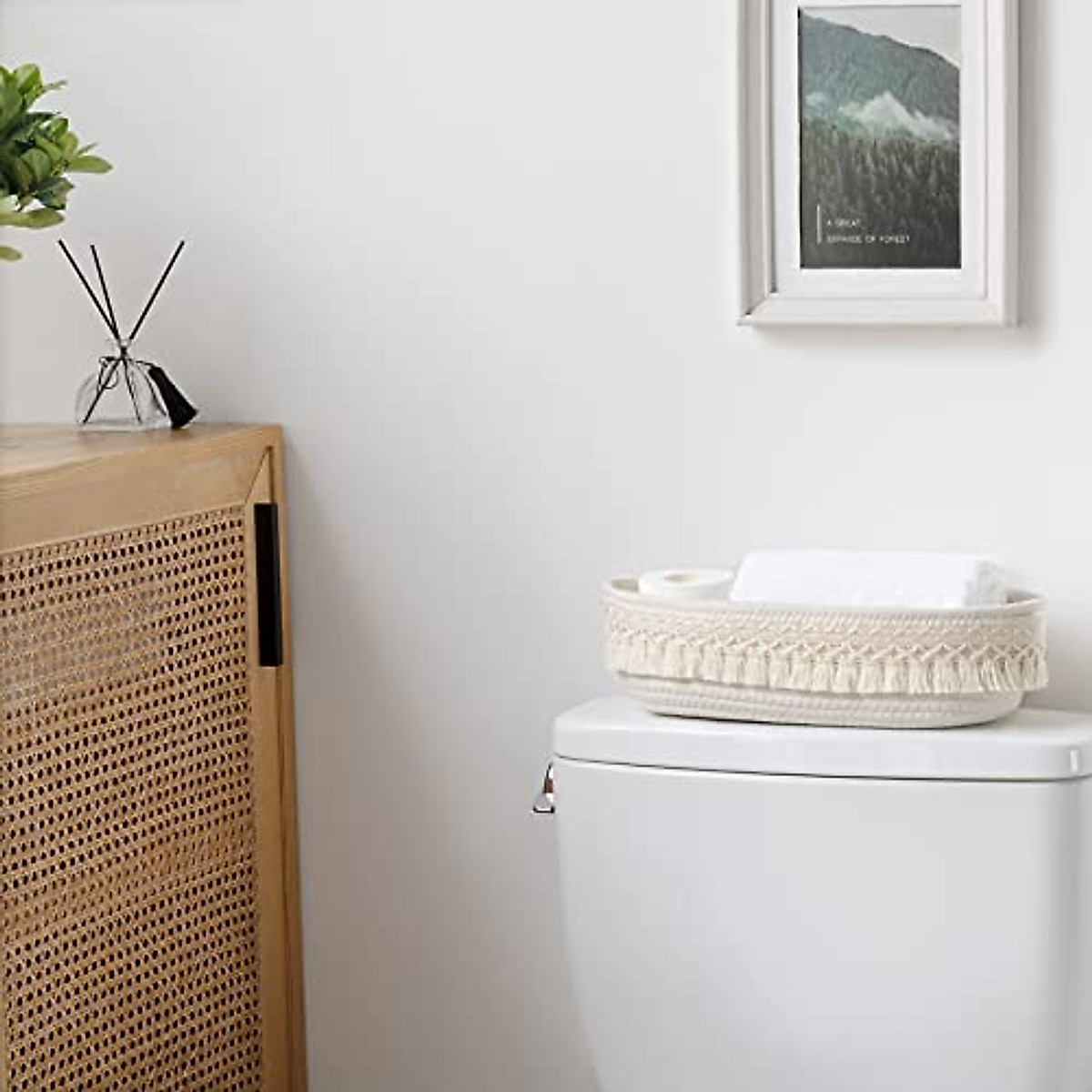 Dahey Woven Basket Macrame Storage Basket for Toilet Tank Top Boho Decor Toilet Paper Basket for Bathroom Organizing, Toilet Tank Tray for Counter Table Bedroom Living Room Nursery, White