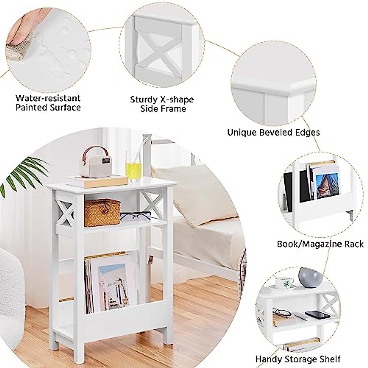 Yaheetech Small Side Table with Storage Shelf, 3-Tier Slim End Table with Magazine Rack, X Shaped Magazine Table for Living Room Home Office Balcony Small Spaces, 20? L � 10? W � 28? H, White