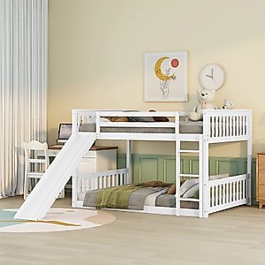 Bellemave Full Over Full Low Bunk Bed with Slide Wood Floor Bunk Beds with Ladder for Kids Boys Girls Teens, White