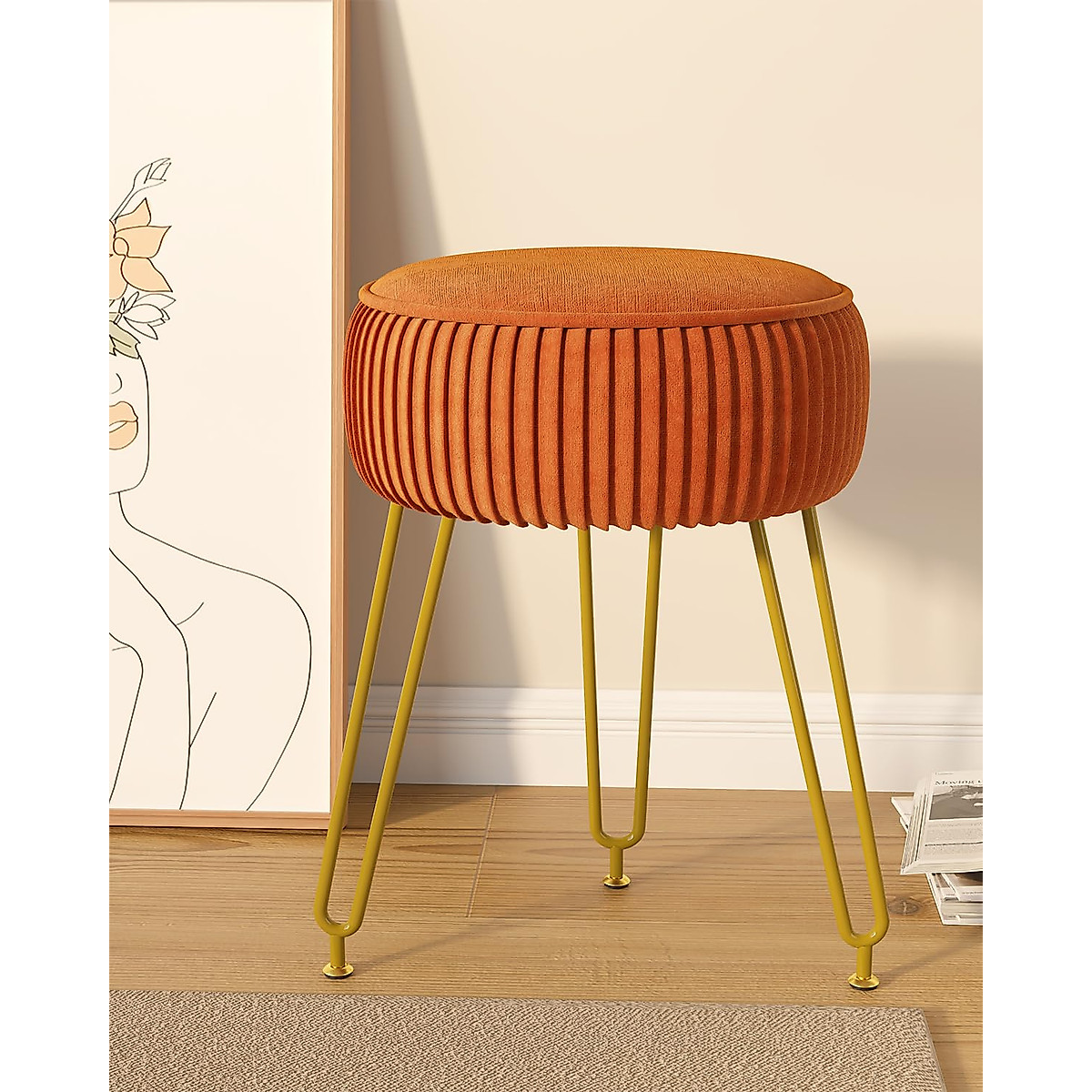 IBUYKE Velvet Round Footrest Stool Ottoman, Makeup Vanity Stool Side Table, Velvet Dressing Table Seat, Pouf Couch Stool, Golden Steel Legs, Orange LG-30J
