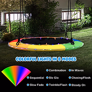 Costzon 40” Flying Saucer Tree Swing with LED Lights for Kids Adults, Indoor Outdoor Saucer Swing with Adjustable Multi-Strand Hanging Ropes, Safe Round Swing for Tree, Swing Set, Backyard (Colorful)