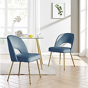 Iconic Home Welburn Dining Side Chair Velvet Upholstered Open Back Design Gold Plated Solid Metal Legs (Set of 2) Modern Contemporary, Blue