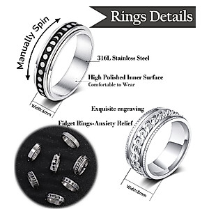 KOHOTA Stainless Steel Fidget Rings for Women Men Anxiety Rings Moon Star Flower Spinner Rings for Anxiety Stress Relieving Band Rings Set Size 6-10