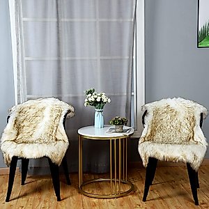 Carvapet 2 Pieces Luxury Soft Faux Sheepskin Chair Cover Seat Cushion Pad Plush Fur Area Rugs for Bedroom, 2ft x 3ft, White with Brown Tips