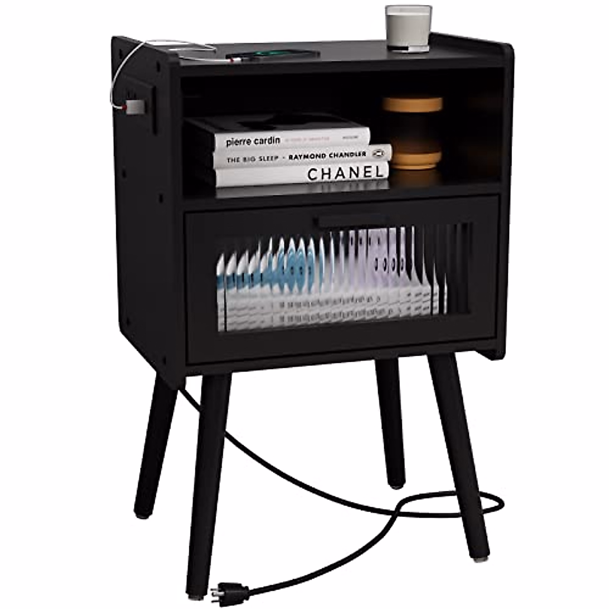 SOOWERY Mid Century Modern Nightstand with Charging Station, Bedside Tables with Glass Drawer, End Table Side Table with 2 Tiers Storage Space, for Bedroom, Living Room, Black