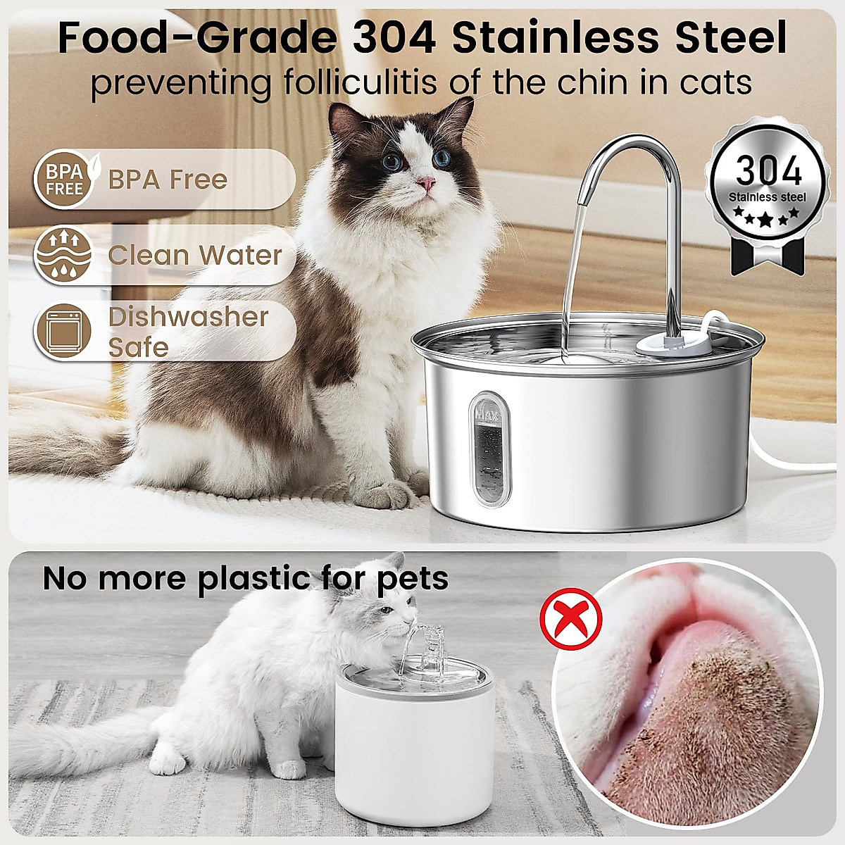 Petlipo Cat Water Fountain Stainless Steel: 108oz/3.2L Cat Fountain for Drinking, Pet Fountain Water Bowl Dog Drinking Dispenser Cat Feeding & Watering Supplies, Super Quiet Kitty Spout for Cats Dogs