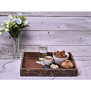 STORE INDYA Hand Carved Wooden Breakfast Serving Tray with Handle for Breakfast Tea Snack Dessert | Kitchen Dining Serve-Ware Accessories | 15 x 10 Inches
