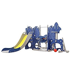 UNICOO - Toddler Slide and Swing Set, Kids Indoor and Outdoor Playground Combination for Boys & Girls (8 in 1 - Dark Blue)