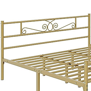 Yaheetech King Size Bed Frame Iron Mattress Foundation with Scroll Design Antique Gold Iron-Art Headboard and Footboard No Box Spring Needed Platform Bed for Beddrooms Guestrooms Dormitories