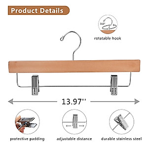 Wooden Pants Hangers, Solid Wood Bottom Jeans Skirt Hanger with 2-Adjustable Clips Anti Rust Hook Pack of 10 (Natural)-HL01NP