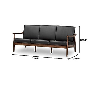 Baxton Studio Venza Mid-Century Modern Walnut Wood Black Faux Leather 3-Seater Sofa