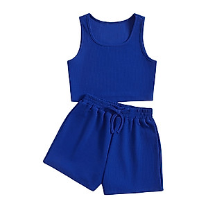 Verdusa Girl's 2 Piece Tracksuit Sets Workout Crop Tank Top and Short Sets Blue 11-12Y