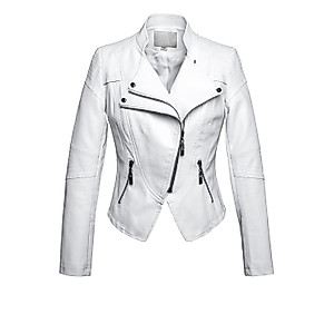 chouyatou Women's Fashion Tailored Zip-Up Faux Leather Quilted Racer Jacket (X-Small, White)