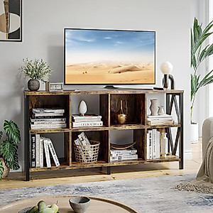 SOMEET 8 Cubes Open Bookshelf with Back Panel, Horizontal Organizer Cubby Storage Bookcase with Legs, Industrial Rustic Wood and Metal Long Display Cabinet Shelf for Living Room, Walnut Brown