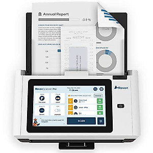Raven Pro Document Scanner - Huge Touchscreen, High Speed Color Duplex Feeder (ADF), Wireless Scan to Cloud, WiFi, Ethernet, USB, Home or Office Desktop