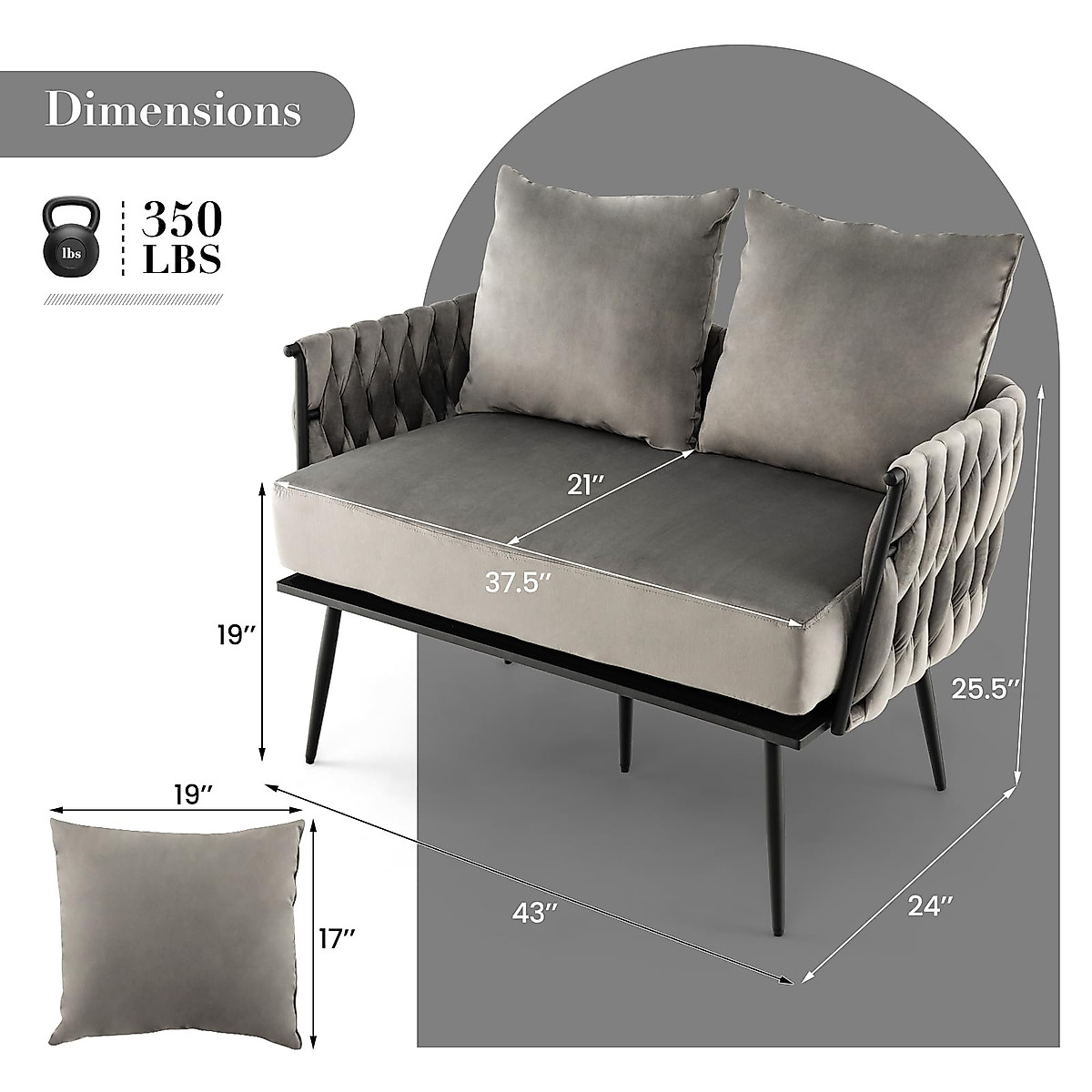 KOMFOTT 43” Loveseat Sofa, Modern Upholstered 2-Seat Sofa with 2 Back Pillows, Woven Backrest & Armrest, Mid Century Modern Dutch Velvet Sofa for Living Room Bedroom Apartment (Gray)