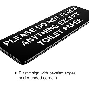 Excello Global Products Please Do Not Flush Anything Except Toilet Paper Sign: Easy to Mount Informative Plastic Sign with Symbols 9"x3", Pack of 3 (Black)