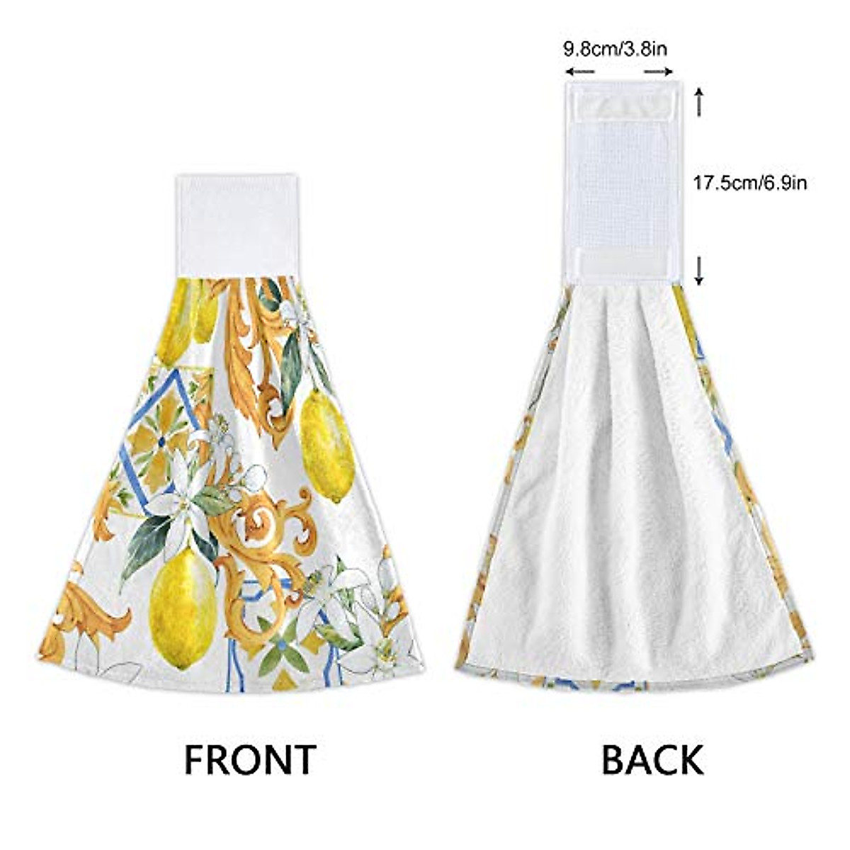 MCHIVER 2 Pcs Hanging Kitchen Hand Towels with Loop, Sicilian Style Lemon Fruit Tile Decorative Towels Absorbent Towel for Bathroom, Laundry Room, Hotel, Gym and Spa