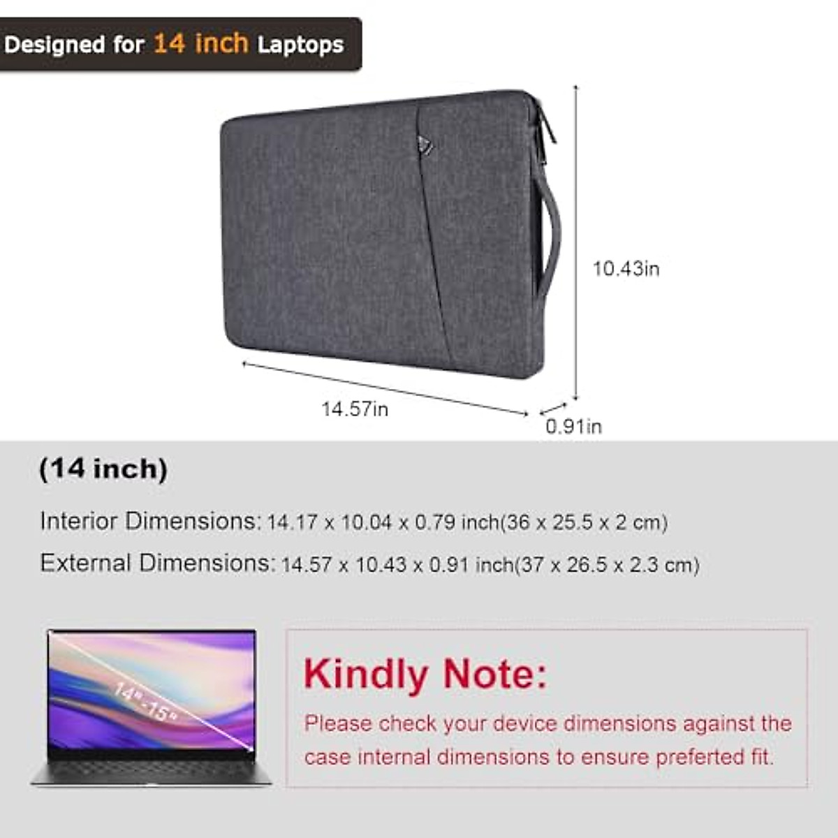 14 inch Laptop Sleeve Case, Padded Protective Travel Carry Bag for HP 14 Laptop, HP Pavilion 14, Dell Inspiron 14, Lenovo ideapad 14, ASUS VivoBook 14 Computer Cover -Space Grey